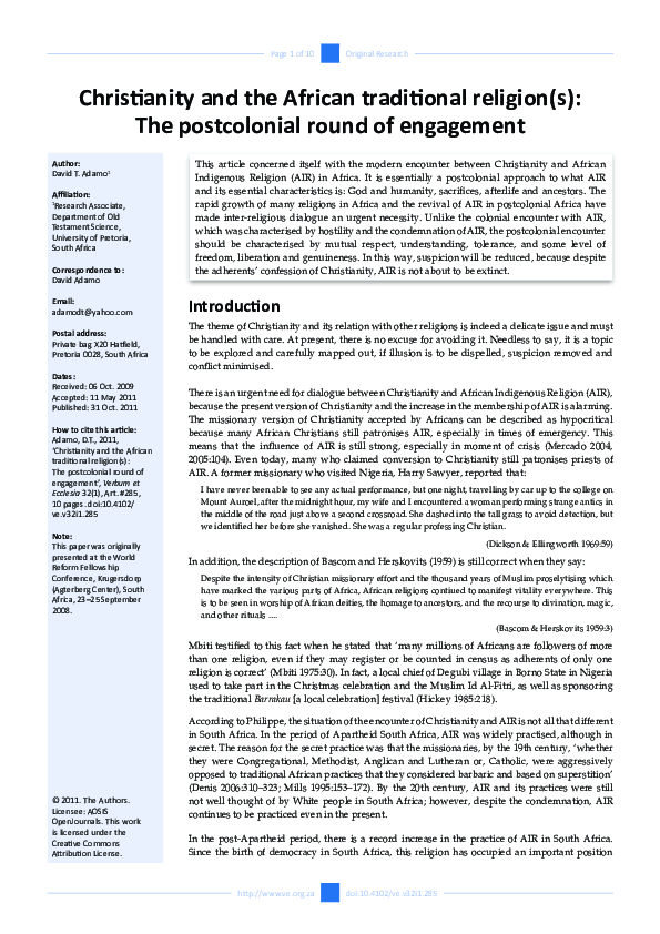 (PDF) Christianity and African traditional religion : two realities of ...