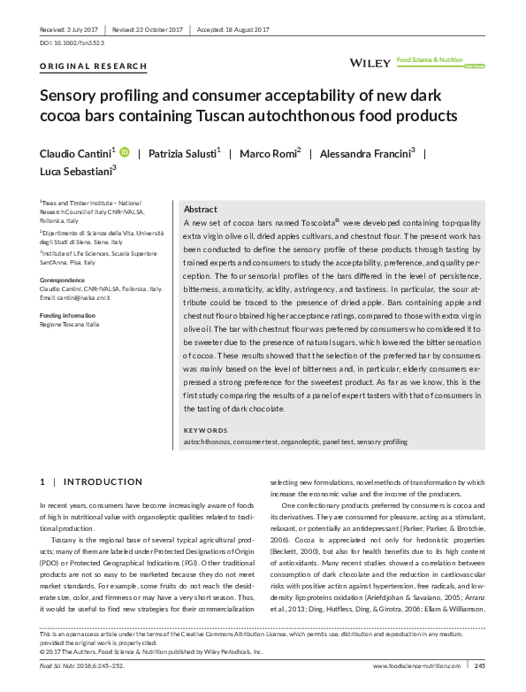 (PDF) Sensory profiling and consumer acceptability of new dark cocoa bars containing Tuscan ...