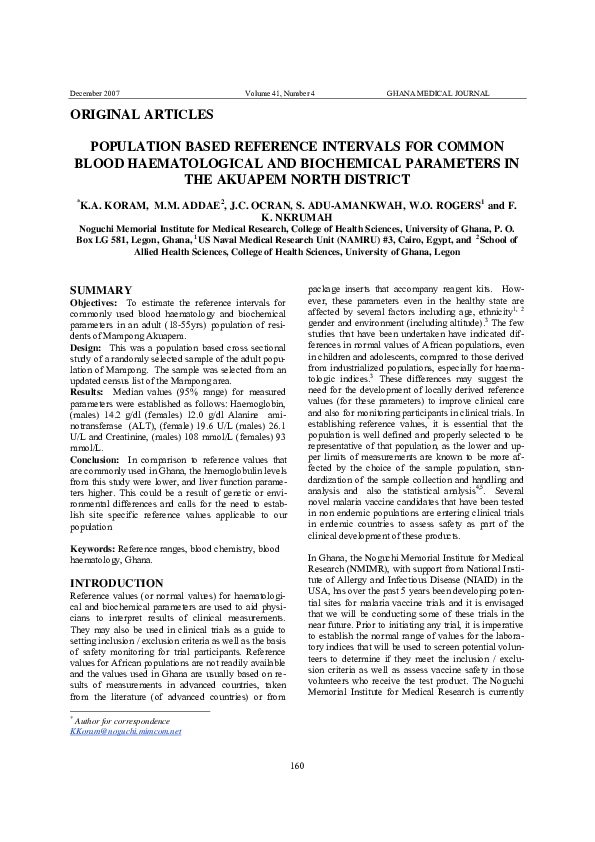 (PDF) Population based reference intervals for common blood ...