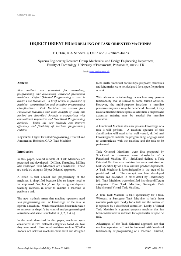 (PDF) Object oriented modelling of task oriented machines