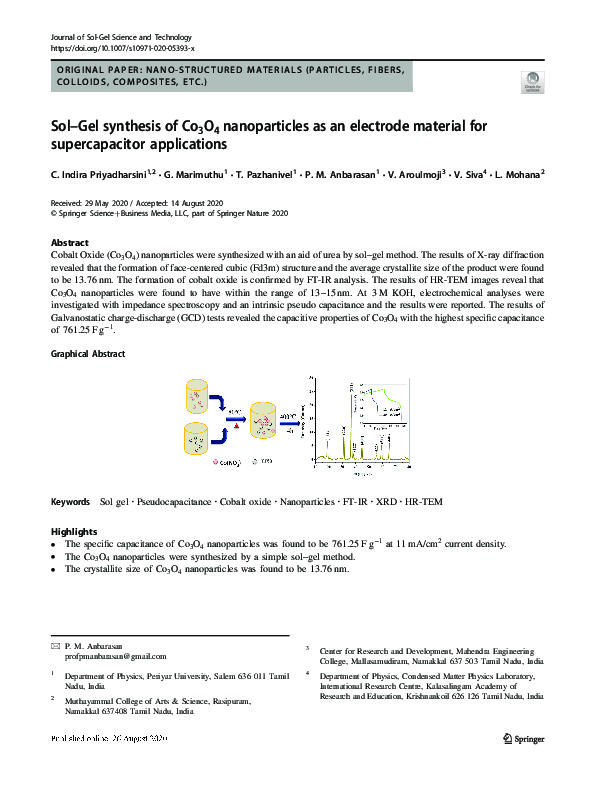 (PDF) Sol–Gel synthesis of Co3O4 nanoparticles as an electrode material for supercapacitor ...