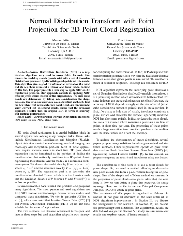 (PDF) Normal Distribution Transform with Point Projection for 3D Point Cloud Registration