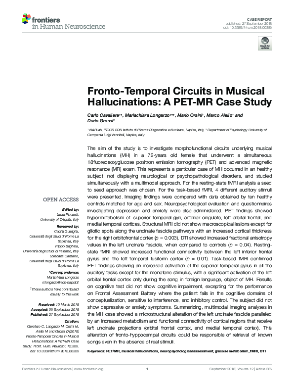 (PDF) Fronto-Temporal Circuits in Musical Hallucinations: A PET-MR Case Study