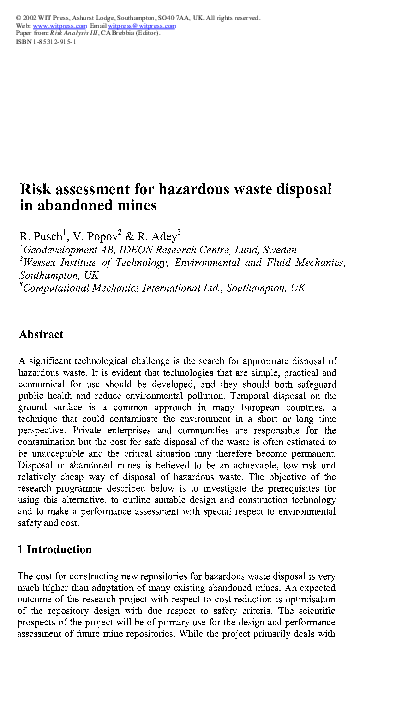 (PDF) Risk Assessment For Hazardous Waste Disposal In Abandoned Mines