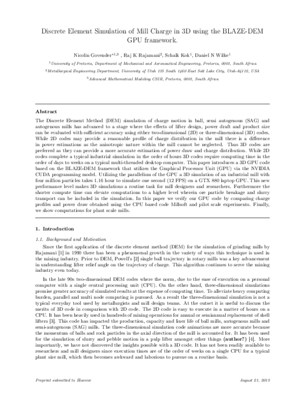 (PDF) Discrete element simulation of mill charge in 3D using the BLAZE-DEM GPU framework