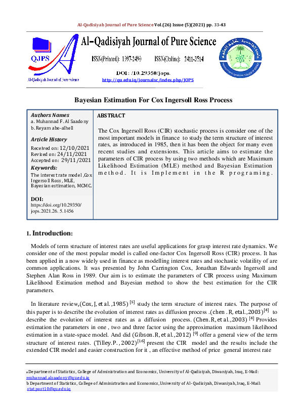 (PDF) Bayesian Estimating for cox Ingersoll Ross process