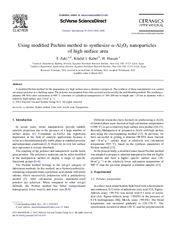 (PDF) Using modified Pechini method to synthesize α-Al2O3 nanoparticles of high surface area