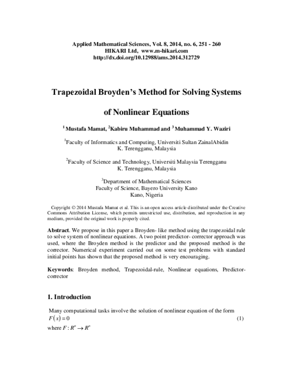 (PDF) Trapezoidal Broyden's method for solving systems of nonlinear ...
