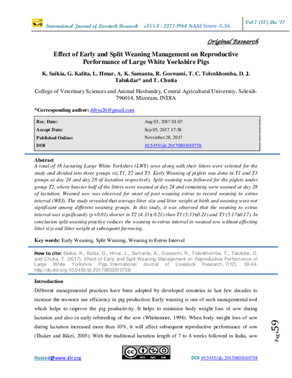 (PDF) Effect of Early and Split Weaning Management on Reproductive ...