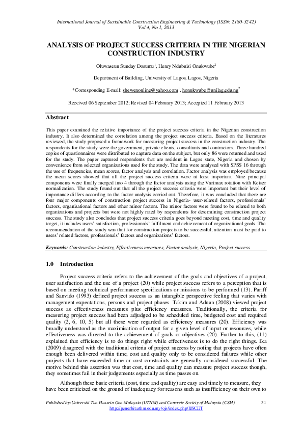 (PDF) Analysis of Project Success Criteria in the Nigerian Construction ...