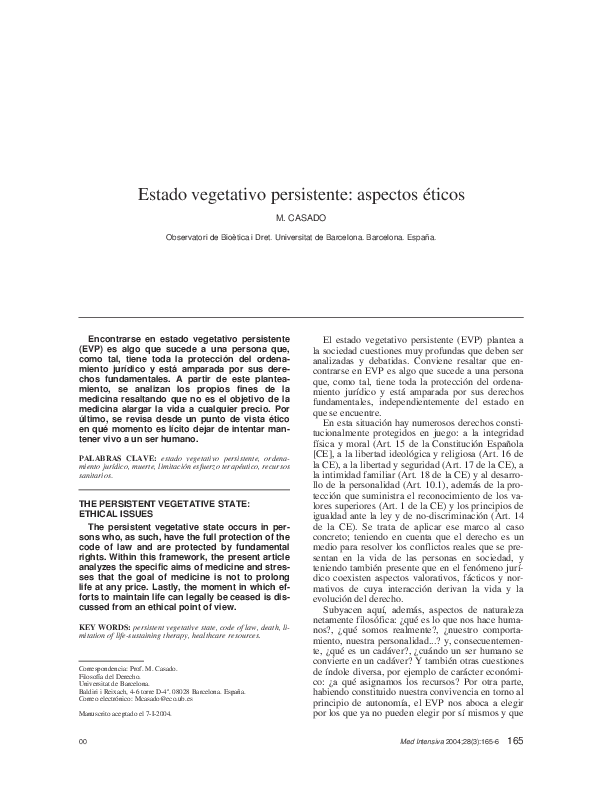 (PDF) Estado vegetativo persistente: aspectos éticos