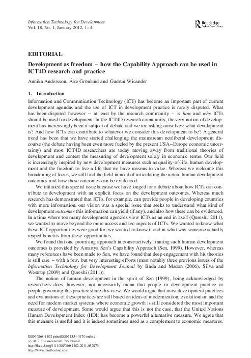 (PDF) Development as freedom – how the Capability Approach can be used in ICT4D research and ...