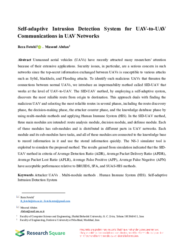 (PDF) Self-adaptive Intrusion Detection System for UAV-to-UAV Communications in UAV Networks