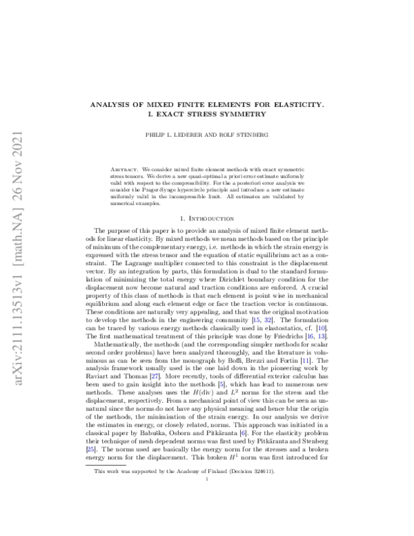 Pdf Analysis Of Mixed Finite Elements For Elasticity I Exact Stress Symmetry