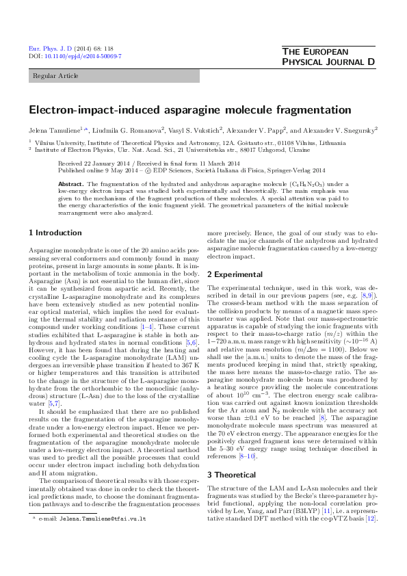 (PDF) Electron-impact-induced asparagine molecule fragmentation