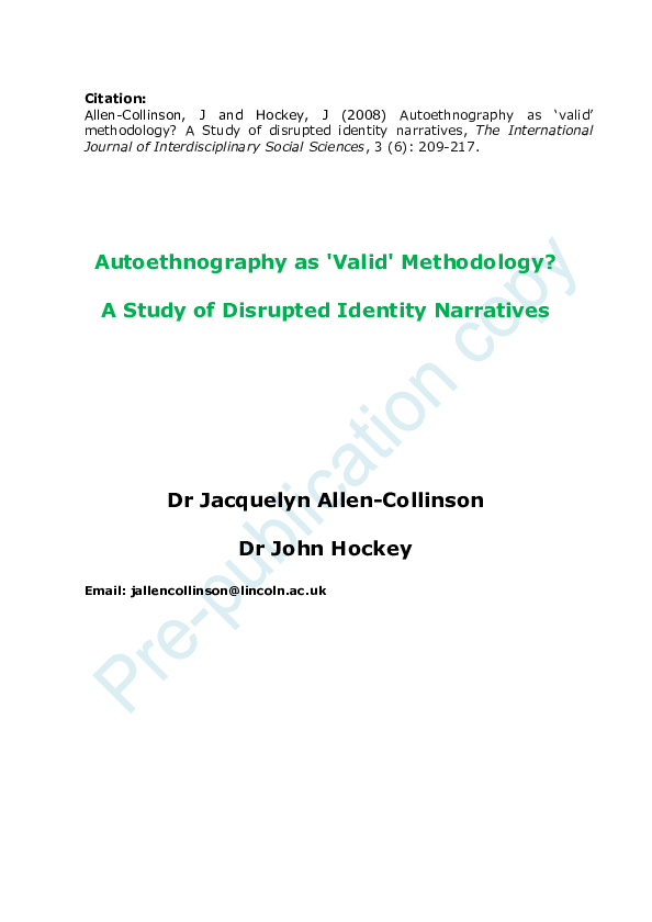 (PDF) Autoethnography as ‘Valid’ Methodology? A Study of Disrupted ...