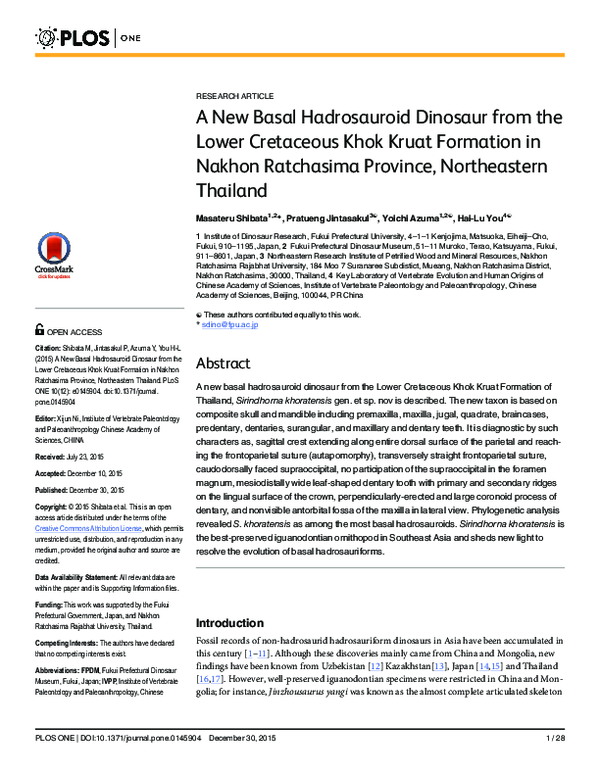 (PDF) A New Basal Hadrosauroid Dinosaur from the Lower Cretaceous Khok ...
