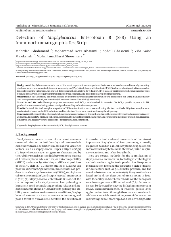Pdf Detection Of Staphylococcus Enterotoxin B Seb Using An Immunochromatographic Test Strip