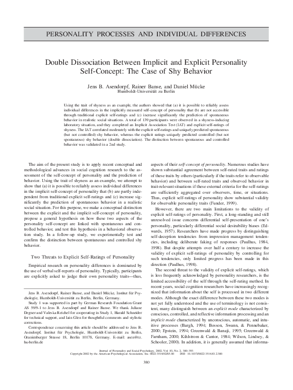 (PDF) Double dissociation between implicit and explicit personality self-concept: The case of ...