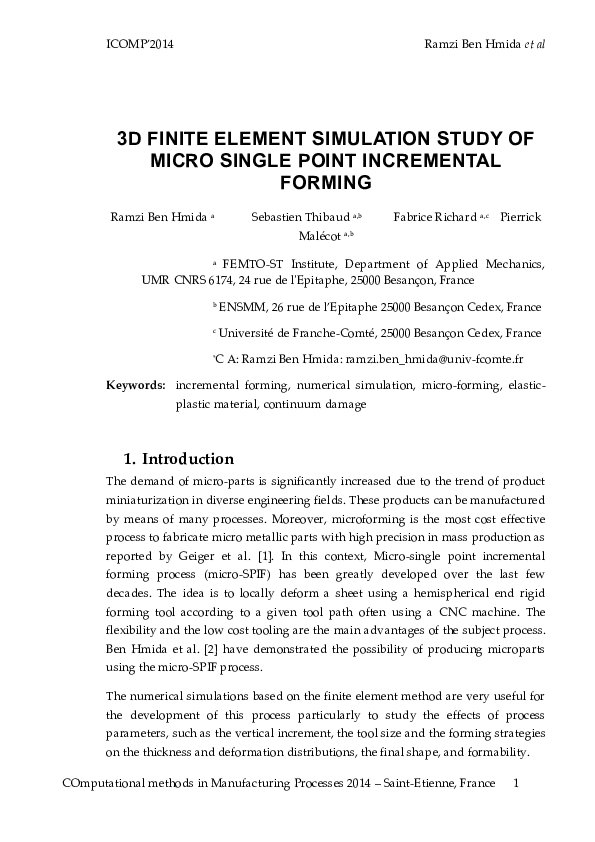(PDF) 3D Finite Element Simulation Study of Micro Single Point Incremental Forming | Ramzi Ben ...