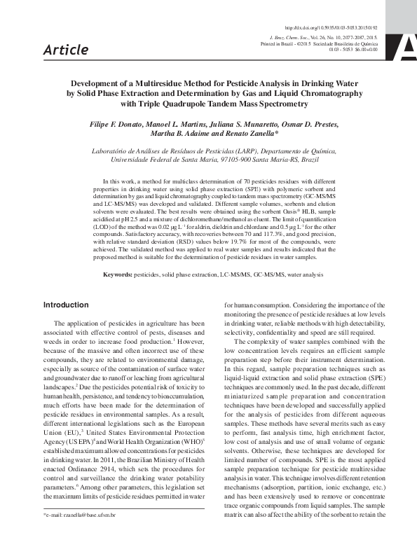 (PDF) Development of a Multiresidue Method for Pesticide Analysis in Drinking Water by Solid ...