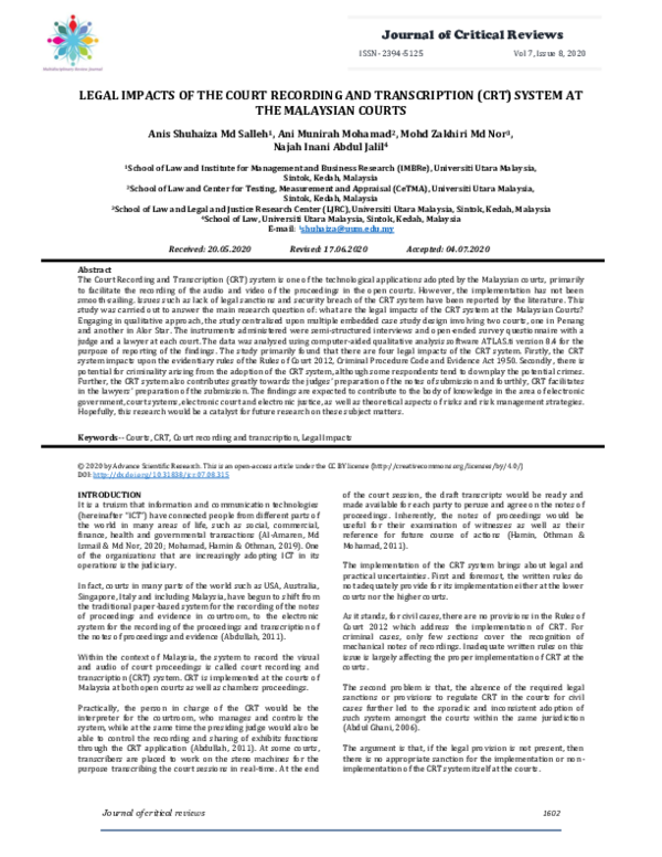 (PDF) Legal Impacts of the Court Recording and Transcription (CRT ...