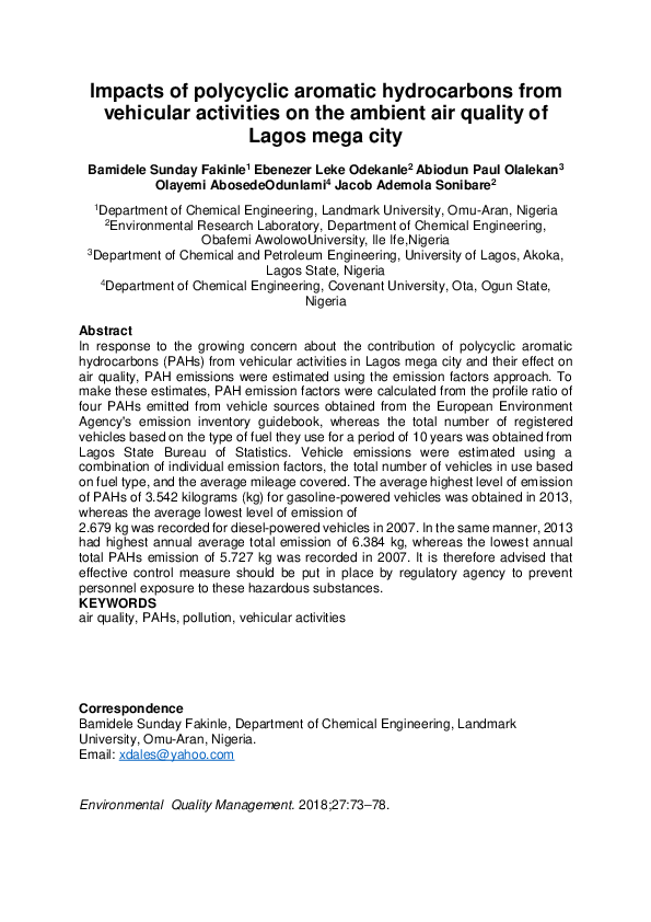 (PDF) Impacts of polycyclic aromatic hydrocarbons from vehicular activities on the ambient air ...