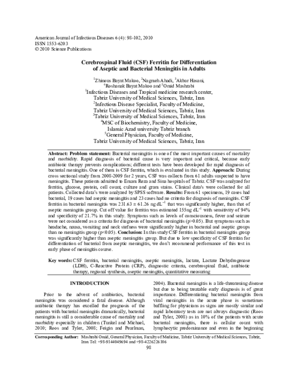 (PDF) Cerebrospinal Fluid Ferritin for Differentiation of Aseptic and ...