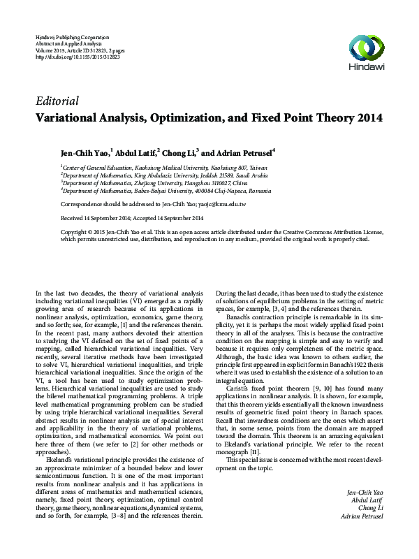 (PDF) Variational Analysis, Optimization, and Fixed Point Theory