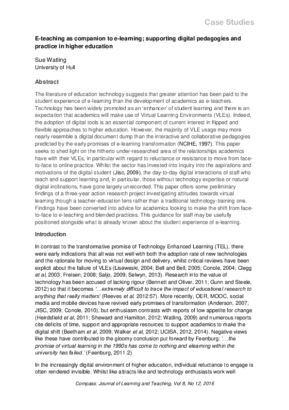 (PDF) E-teaching as companion to e-learning; supporting digital ...