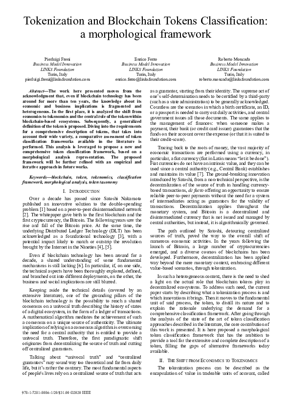 (PDF) Tokenization and Blockchain Tokens Classification: a ...