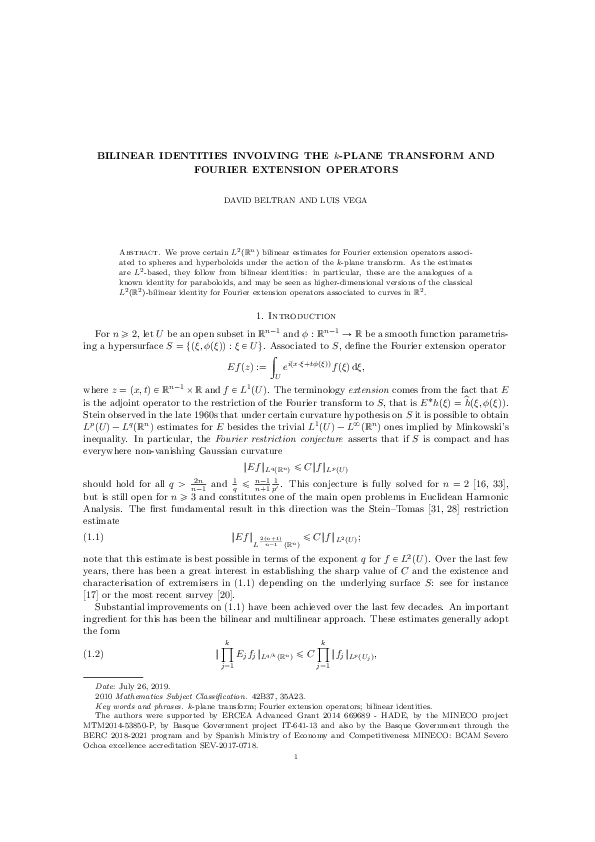 (PDF) Bilinear identities involving the k-plane transform and Fourier extension operators