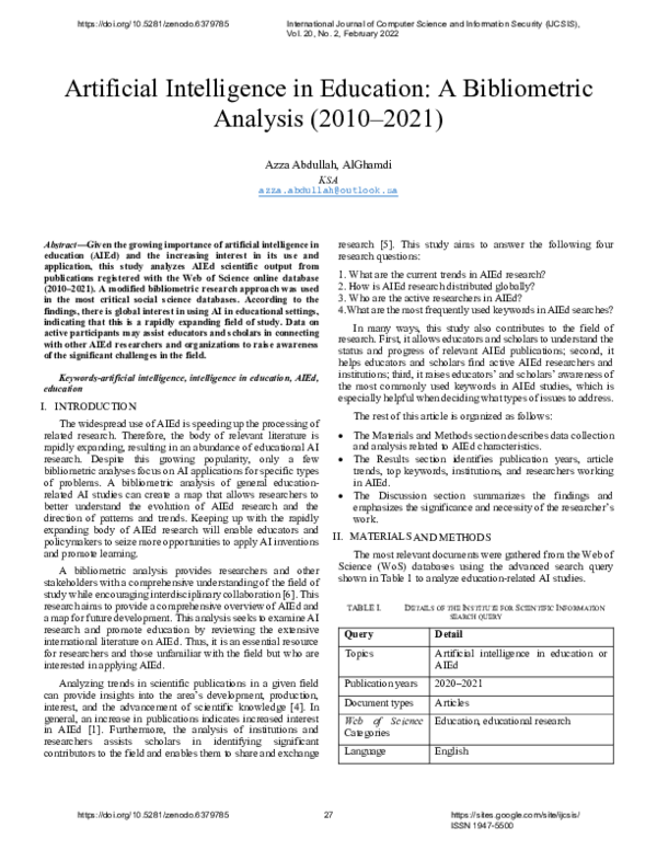 (PDF) Artificial Intelligence in Education: A Bibliometric Analysis ...