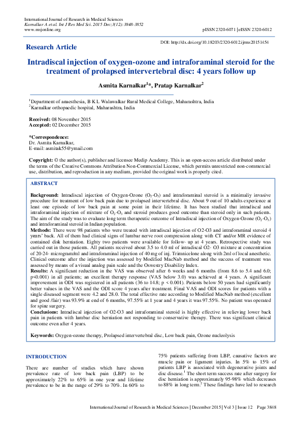 (PDF) Intradiscal injection of oxygen-ozone and intraforaminal steroid ...