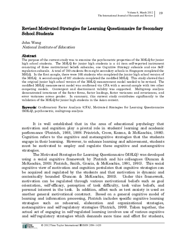(PDF) Revised Motivated Strategies for Learning Questionnaire for ...