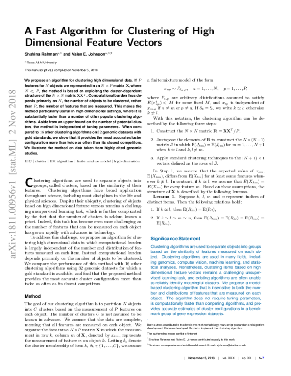 (PDF) A Fast Algorithm for Clustering High Dimensional Feature Vectors | Valen Johnson ...