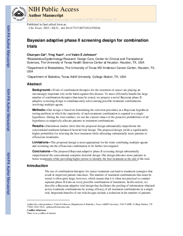 Pdf Bayesian Adaptive Phase Ii Screening Design For Combination Trials