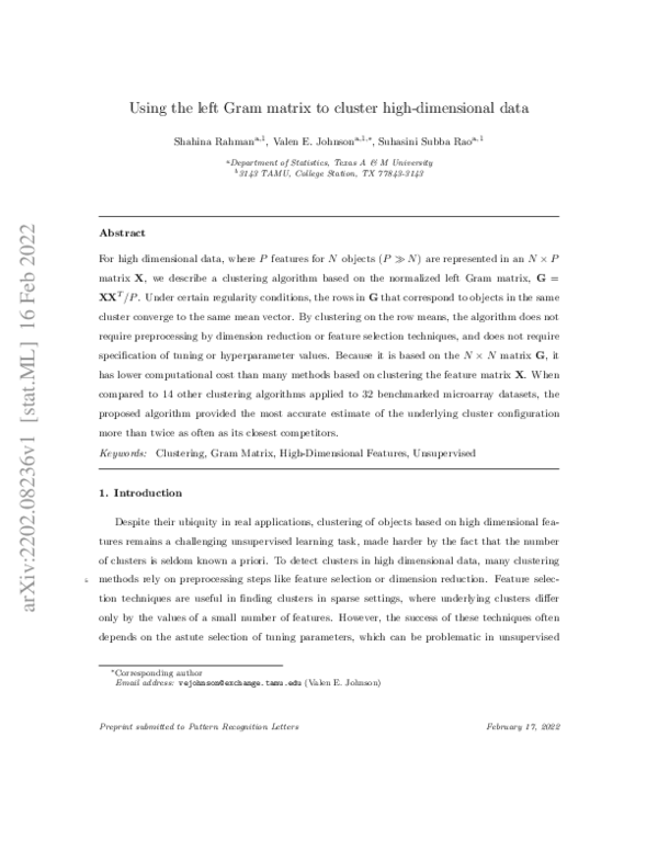 (PDF) Using the Left Gram Matrix to Cluster High-Dimensional Data | Valen Johnson - Academia.edu