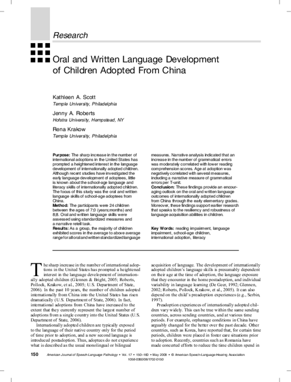 (PDF) Oral and Written Language Development of Children Adopted From China