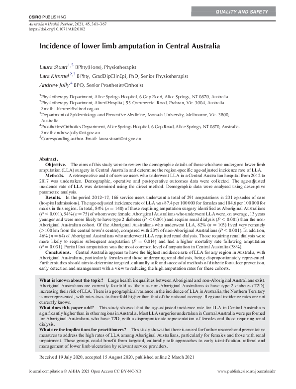 (PDF) Incidence of lower limb amputation in Central Australia | Laura ...