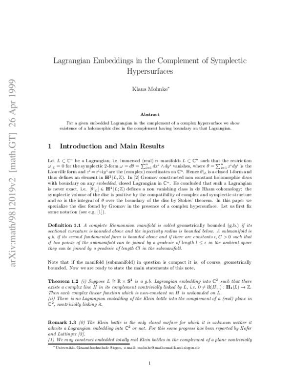 (PDF) Lagrangian Embeddings and Holomorphic Discs in the Complement of ...