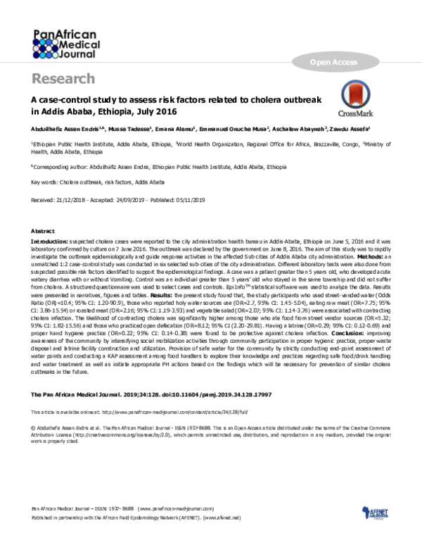 (PDF) A case-control study to assess risk factors related to cholera ...