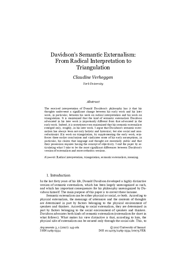 (PDF) Davidson's Semantic Externalism: From Radical Interpretation to ...