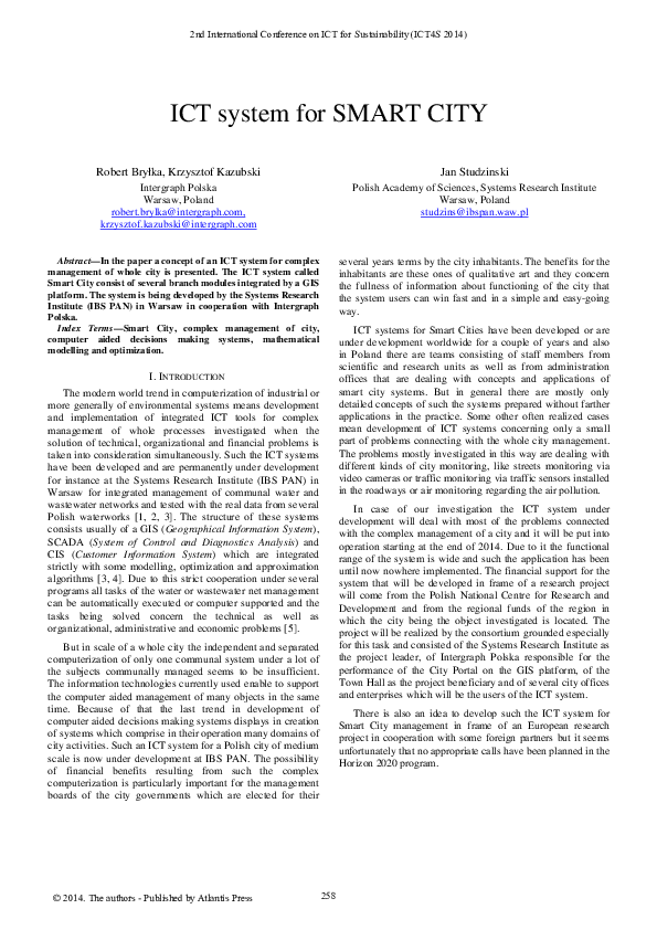 (PDF) ICT system for SMART CITY
