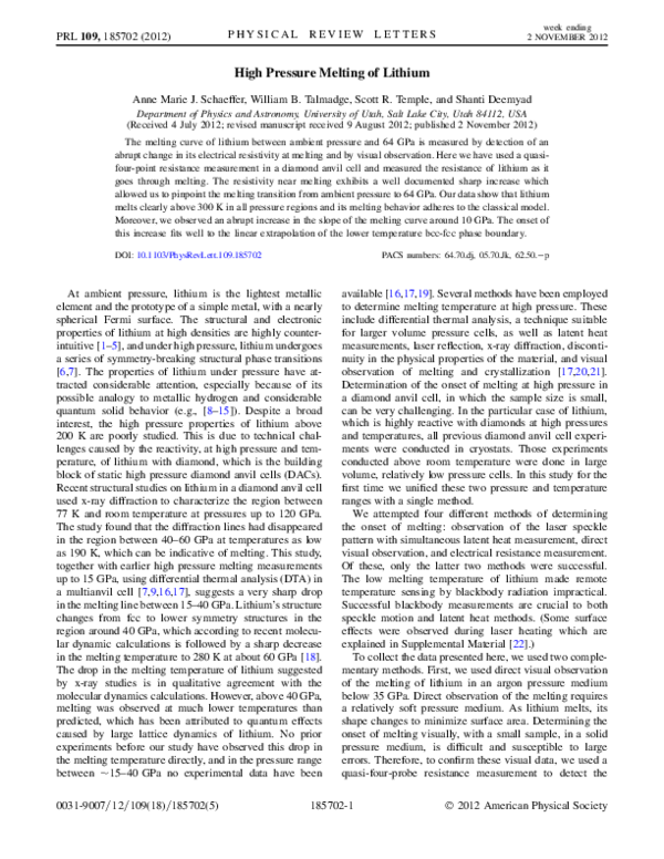 (PDF) High Pressure Melting of Lithium