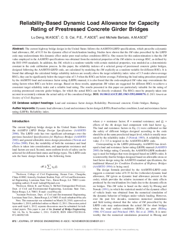 (PDF) Reliability-Based Dynamic Load Allowance for Capacity Rating of ...