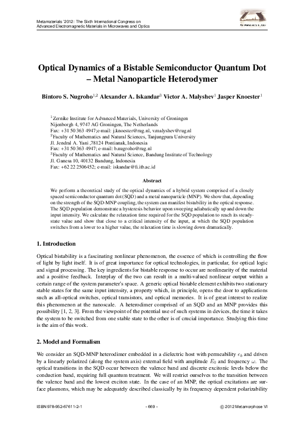(PDF) Bistable Optical Dynamics in Quantum Dot-Metal Nanoparticle System