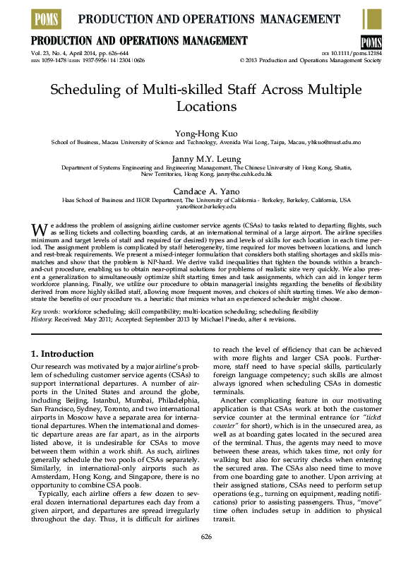 (PDF) Scheduling of Multi-skilled Staff Across Multiple Locations