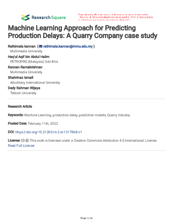 (PDF) Machine Learning Approach for Predicting Production Delays: A ...