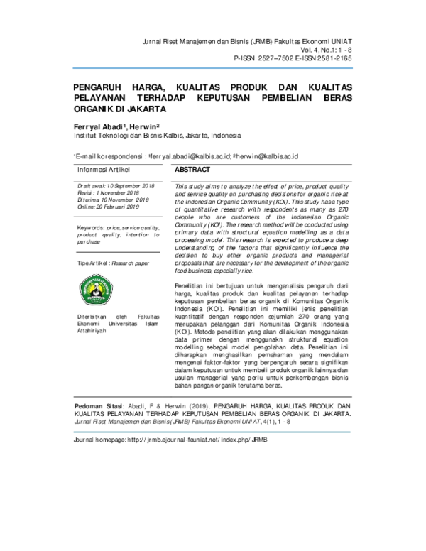 (PDF) Pengaruh Harga, Kualitas Produk Dan Kualitas Pelayanan Terhadap Keputusan Pembelian Beras ...